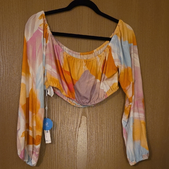 Cupshe | Tops | Cupshe Nwt Pink And Yellow Ruched Crop Blouse With Long ...